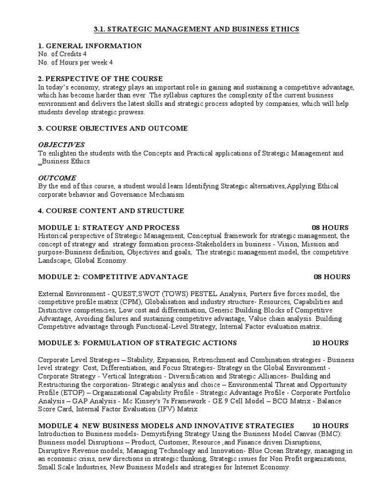 Strategic Management and Ethics Syllabus | PDF | Strategic Management ...