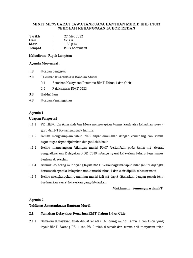 Minit Mesyuarat Bantuan 2022 | PDF