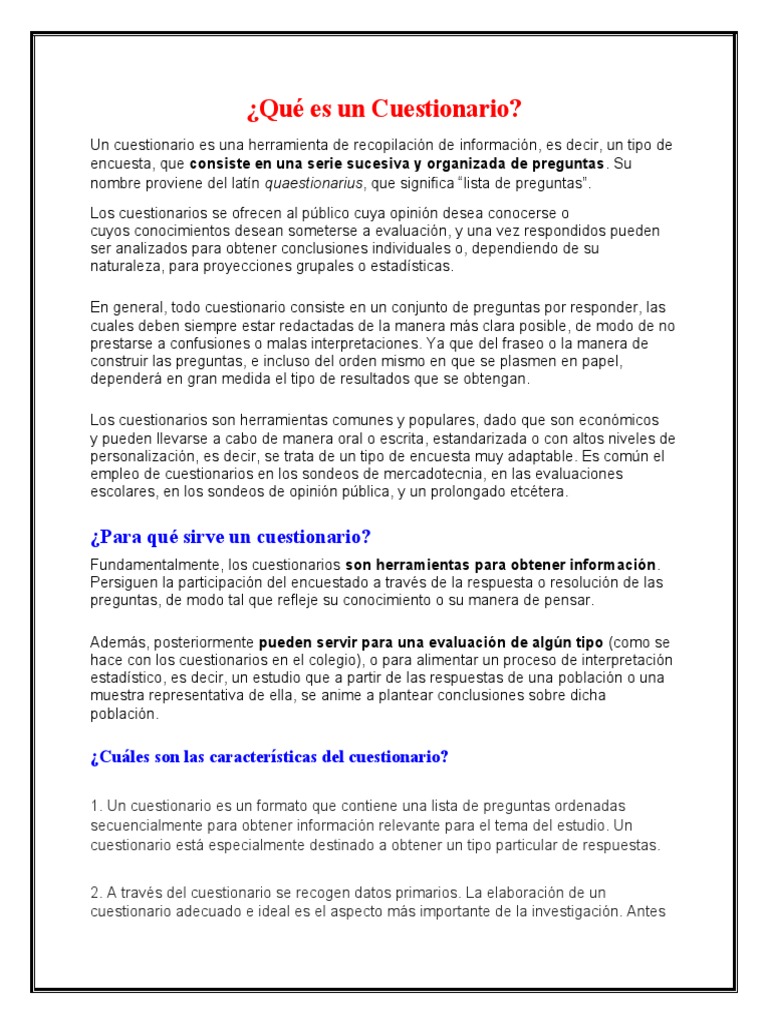 Características y Tipos de Cuestionarios | PDF | Cuestionario ...