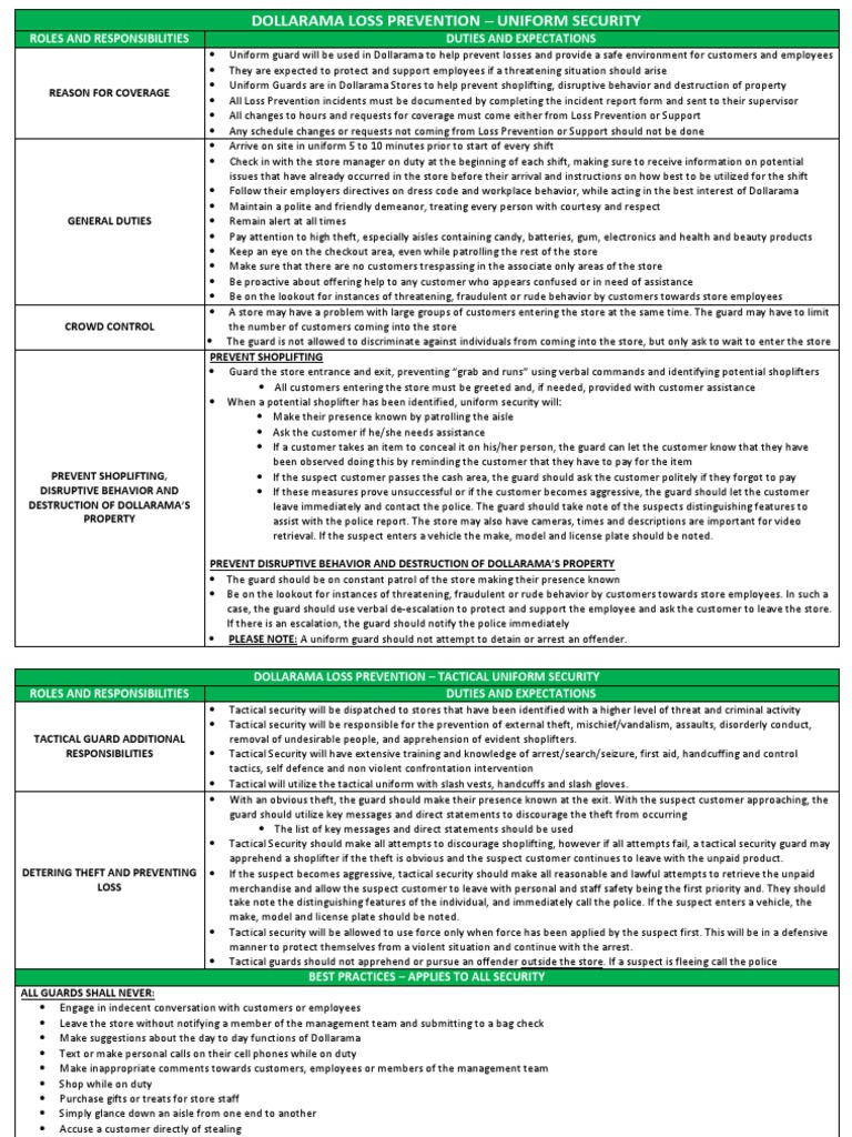 Dollarama Security Roles and Guidelines | PDF | Police | National Security