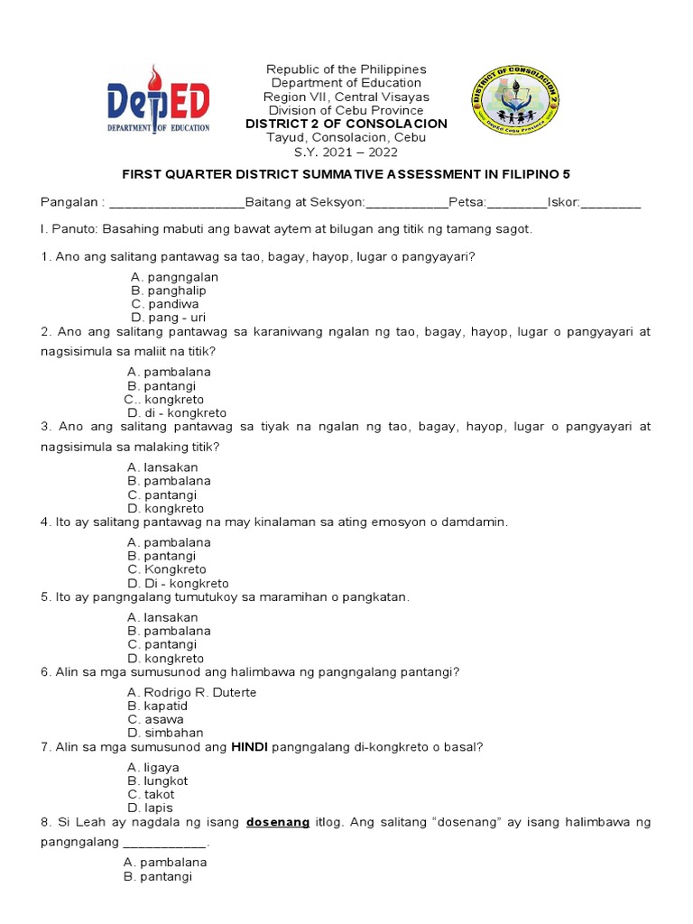 Filipino 5-1st QUARTER-DISTRICT-SUMMATIVE-ASSESSMENT-TEST | PDF Filipino 5-1st QUARTER-DISTRICT-SUMMATIVE-ASSESSMENT-TEST | PDF