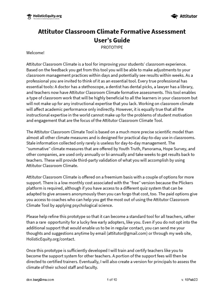 Attitutor Classroom Climate Formative Assessment User's Guide | PDF ...