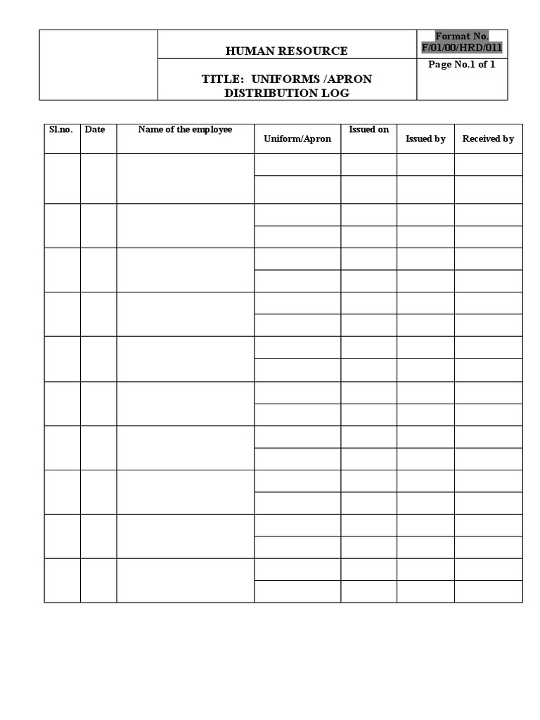 Human Resource Title: Uniforms /apron Distribution Log | PDF