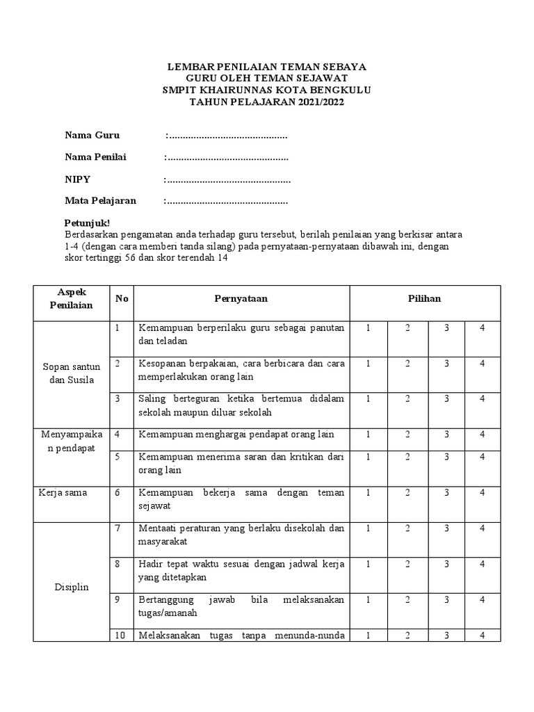 Lembar Penilaian Teman Sebaya | PDF