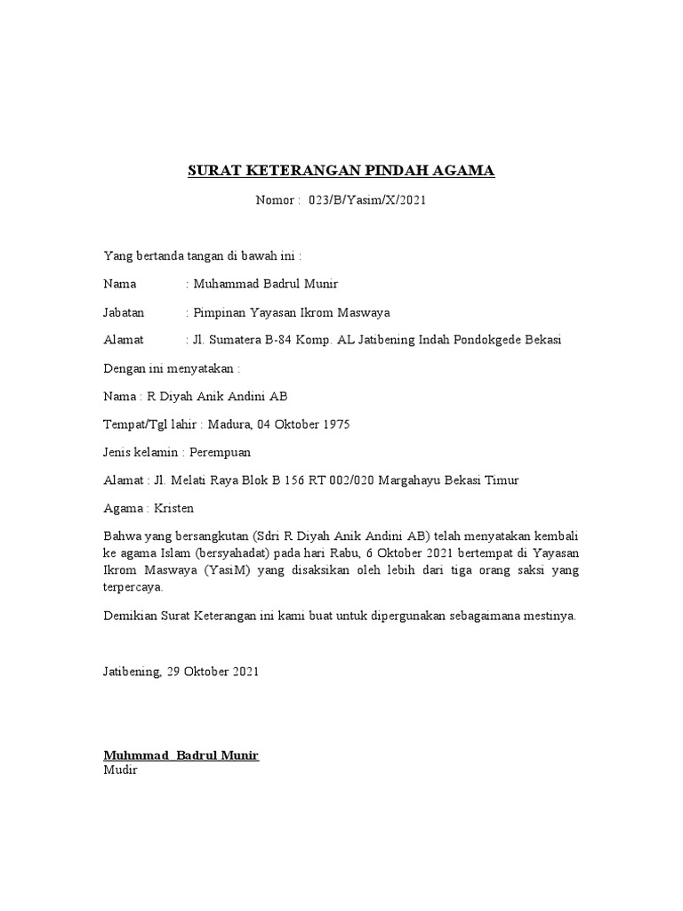 Surat Keterangan masuk Islam.docx | PDF