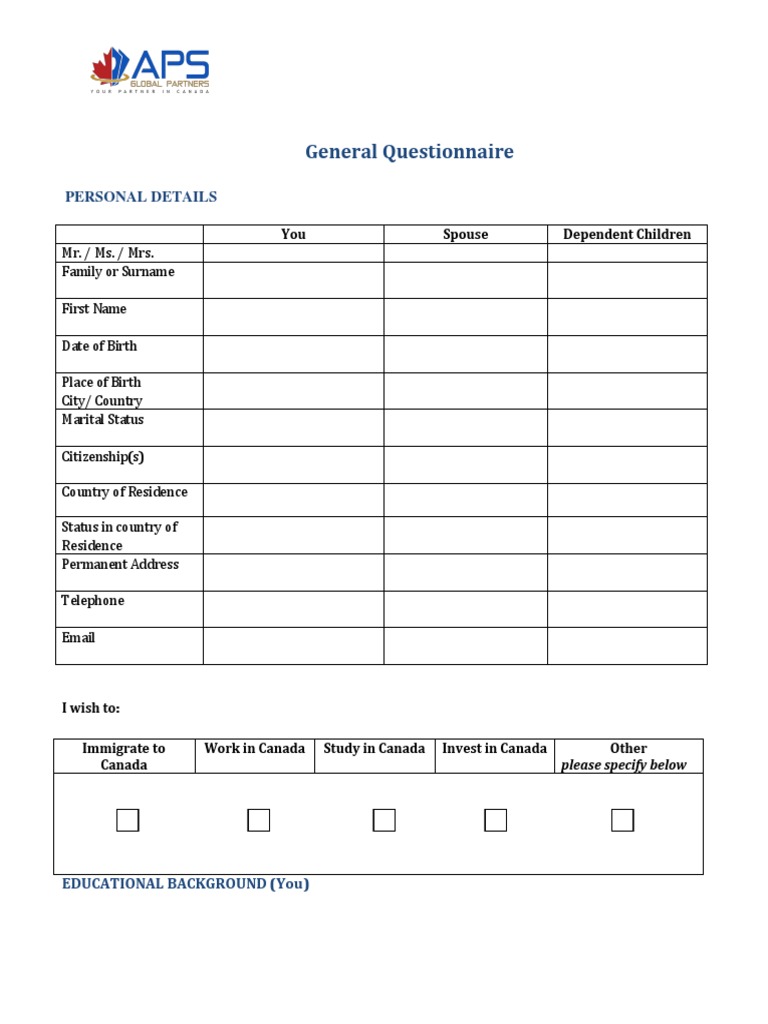 General Questionnaire For The Client - APS Global Partners | PDF ...