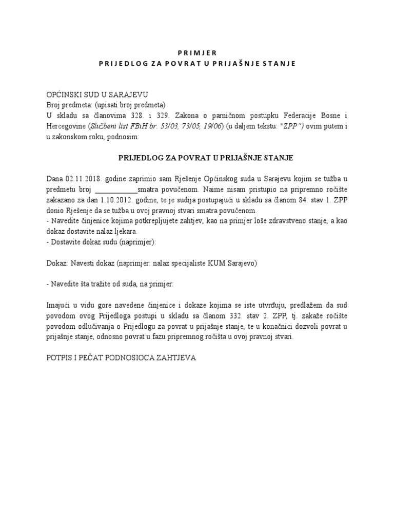 Primjer Prijedlog Za Povrat U Prijašnje Stanje | PDF