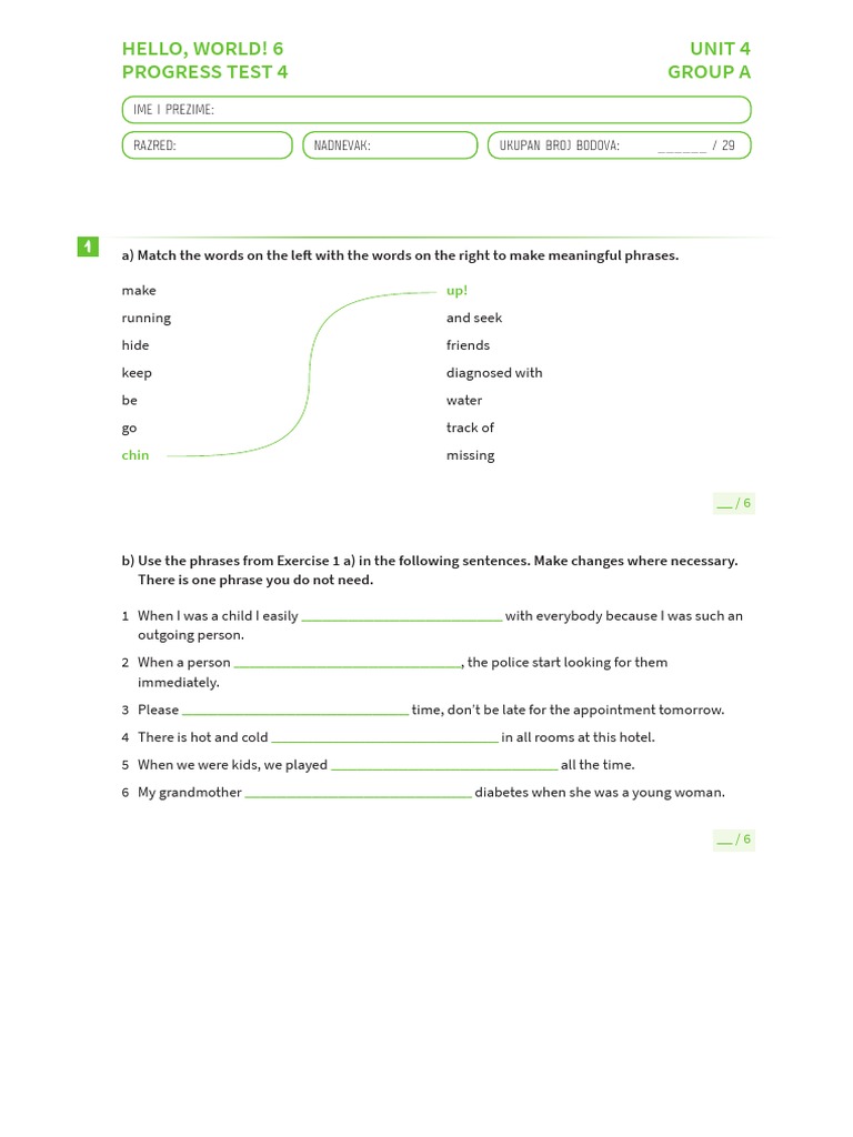 Hello, World! 6 Unit 4 Progress Test 4 Group A | PDF