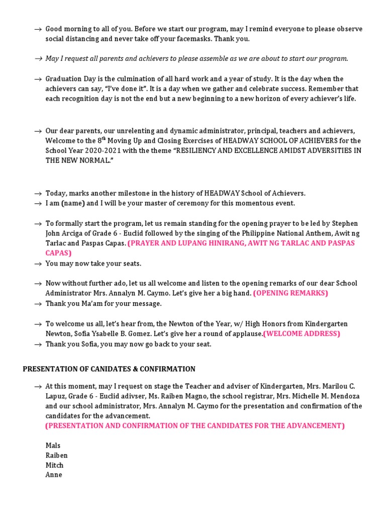 Graduation Script Sy 2020 2021 | PDF | Wellness