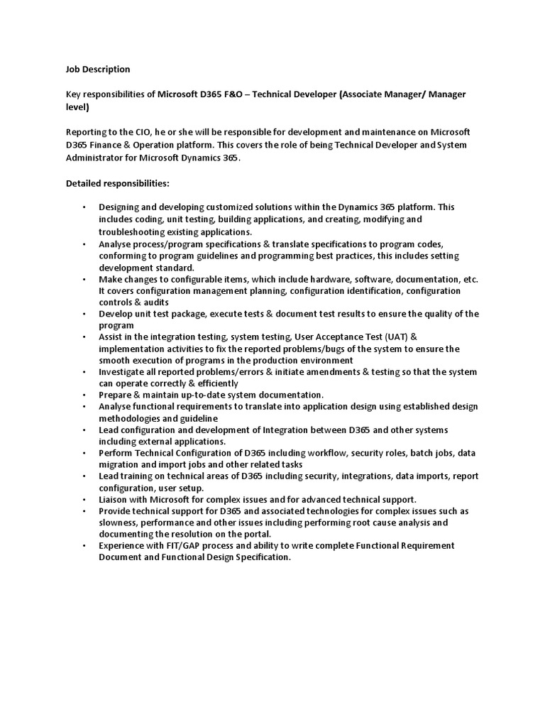 Jd Microsoft D365 Fando Technical Developer Pdf Pdf Computer Program Programming 