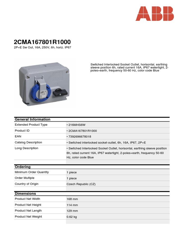 ABB - 2CMA167801R1000 Datasheet 2023-03-06-151007 | PDF | Ac Power Plugs And Sockets ...
