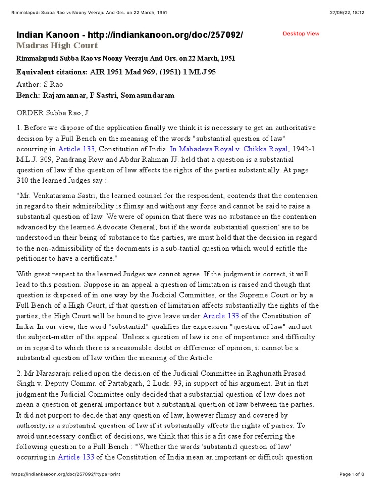 Substantial Question of Law Judgement | PDF | Judgment (Law) | Question ...