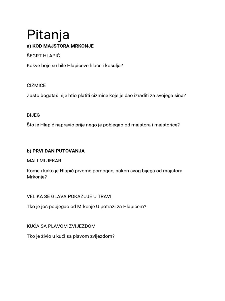 Pitanja Čudnovate Zgode Šegrta Hlapića | PDF
