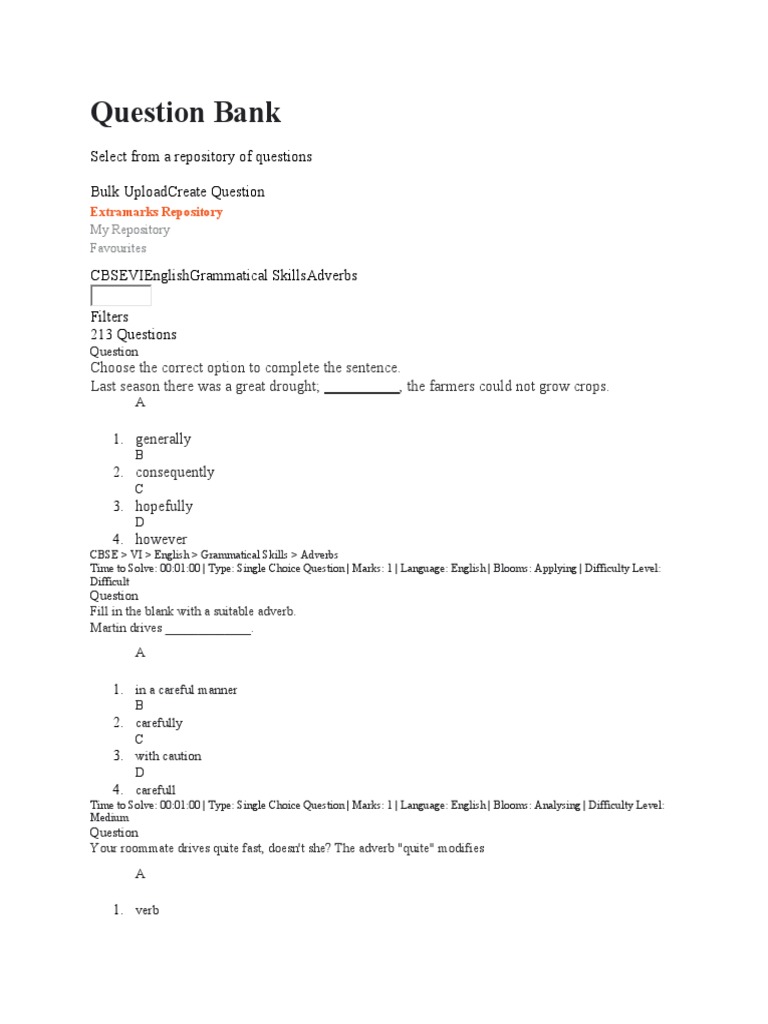 English Grammar Question Bank | PDF | Adverb | English Language