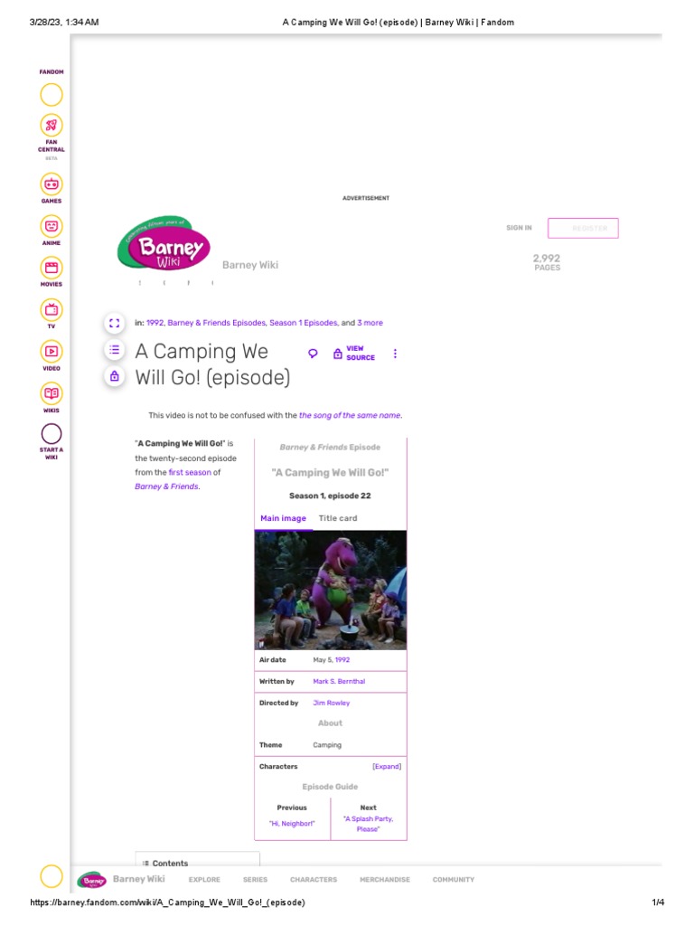 A Camping We Will Go! (Episode) - Barney Wiki - Fandom | PDF | Fandom
