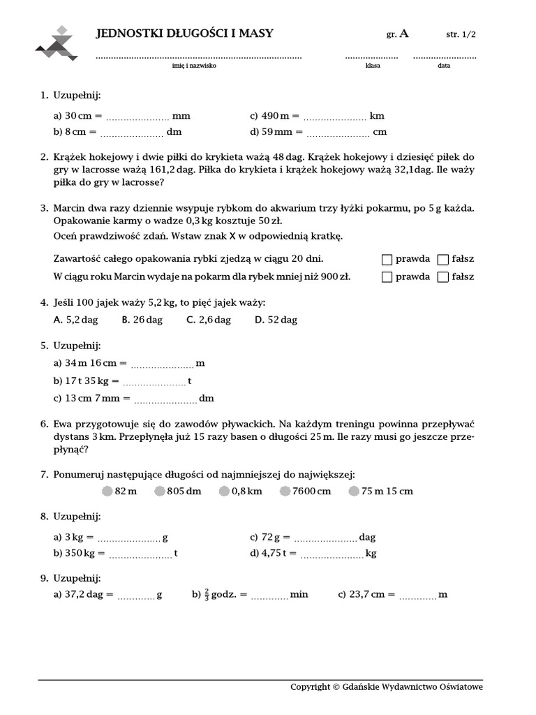 Klasa 6. Liczby Na Co Dzien Jednostki Dlugosci Imasy | PDF