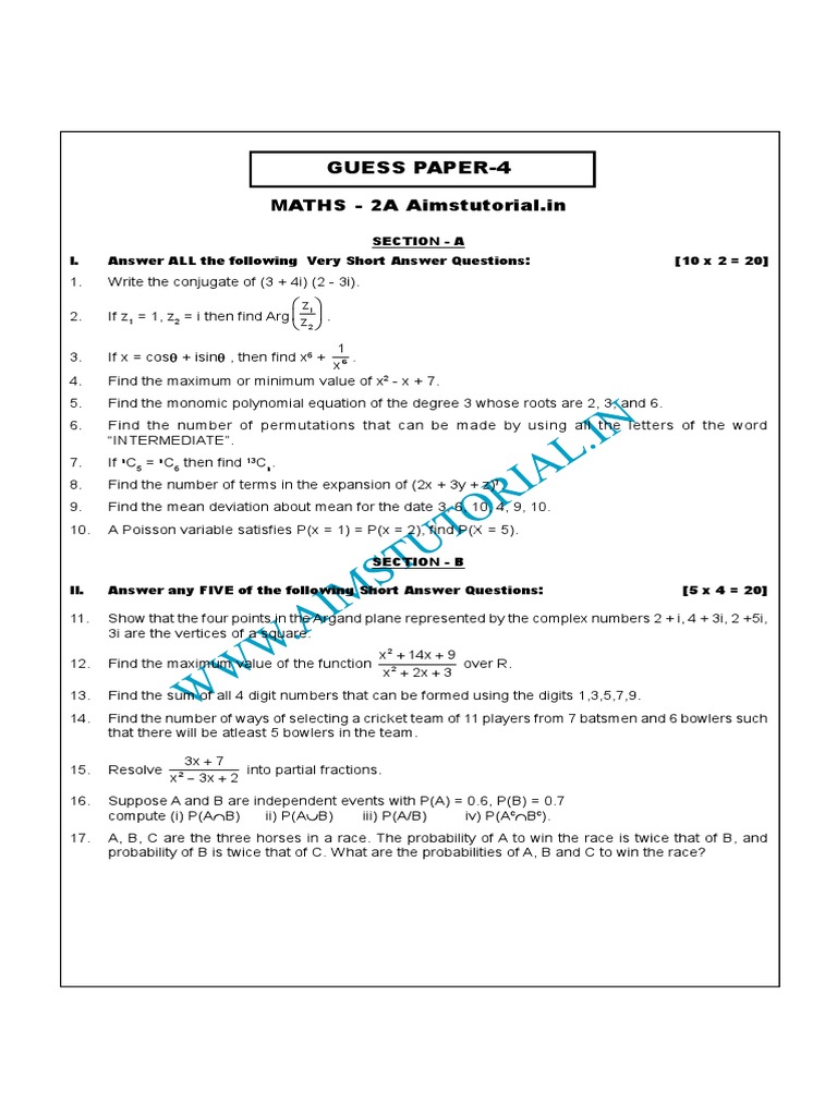 2a Guess Paper 4 PDF | PDF | Numbers | Mathematical Concepts