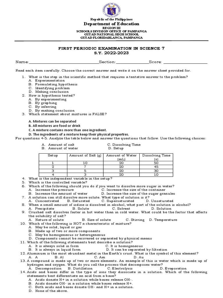 Science 7 First Periodic Exam Guide | PDF | Metals | Hydroxide