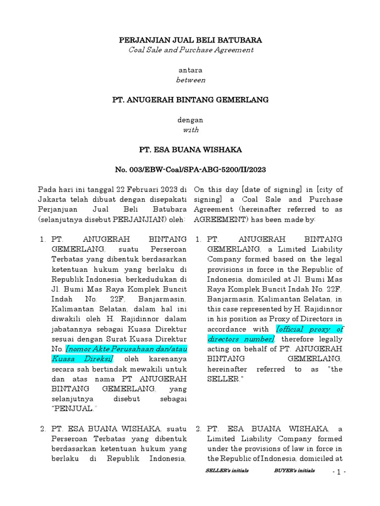 Coal Sale and Purchase Agreement: Perjanjian Jual Beli Batubara | PDF