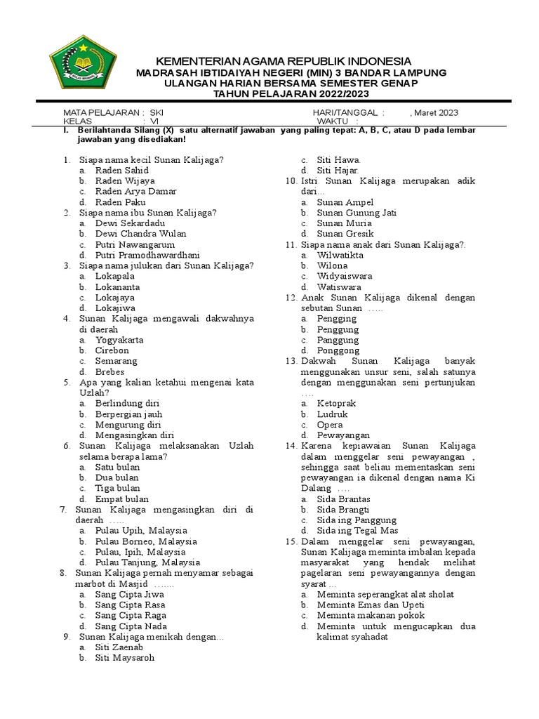 UTS SKI Sem Genap Kelas VI MIN 3 Balam TA 2022-2023 | PDF