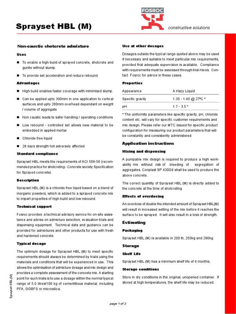 Non-Caustic Shotcrete Admixture Sprayset HBL(M): Technical Data Sheet ...