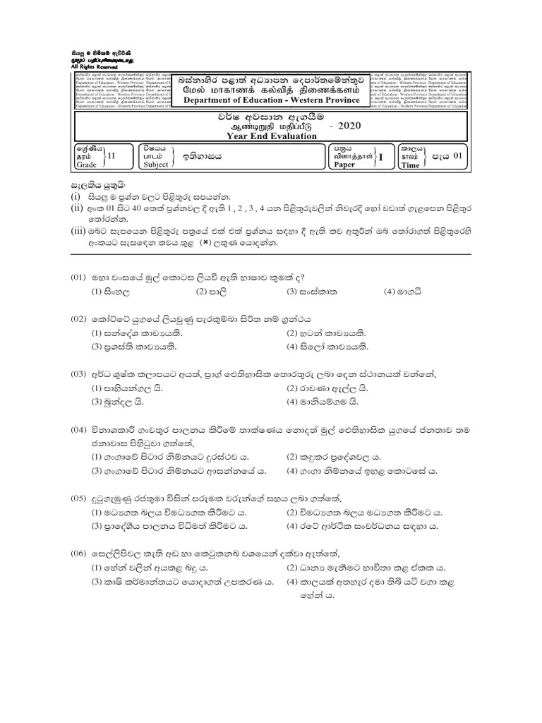 Grade 11 History Past Paper 2020 3rd Term Test Western Province | PDF