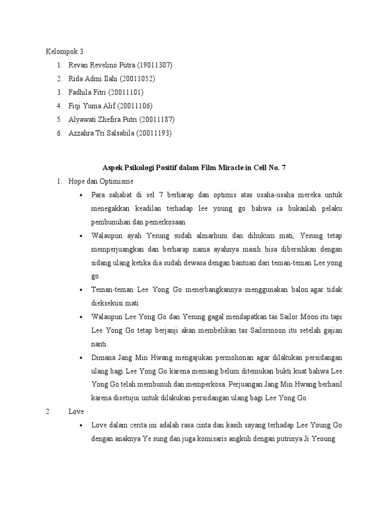 Analisis Film Miracle in Cell No. 7 PDF | PDF | Ilmu Sosial | Fiksi Misteri, Thriller, & Kejahatan