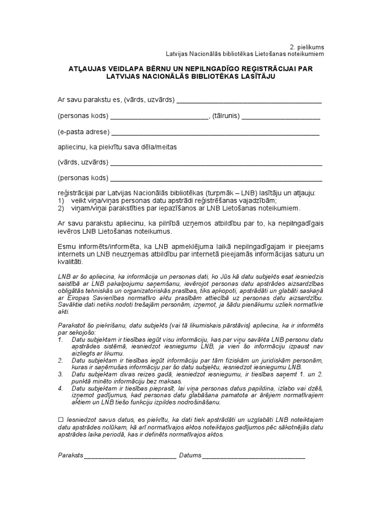 Atļaujas Veidlapa Bērnu Un Nepilngadīgo Reģistrācijai Par Latvijas ...