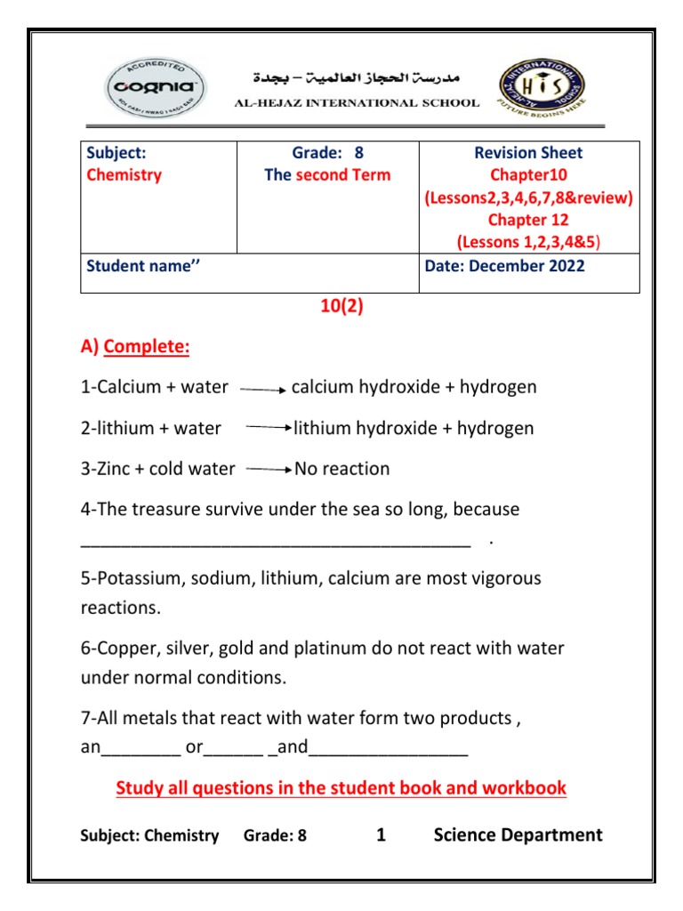 @chemistry Revision Sheet Grade 8 2nd Now | PDF | Chemical Reactions | Magnesium