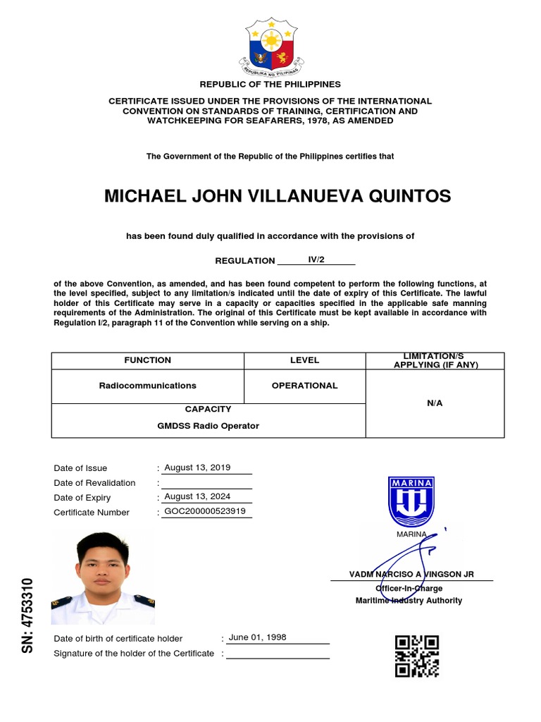 GMDSS Radio Operator Certificate Issued | PDF | Shipping
