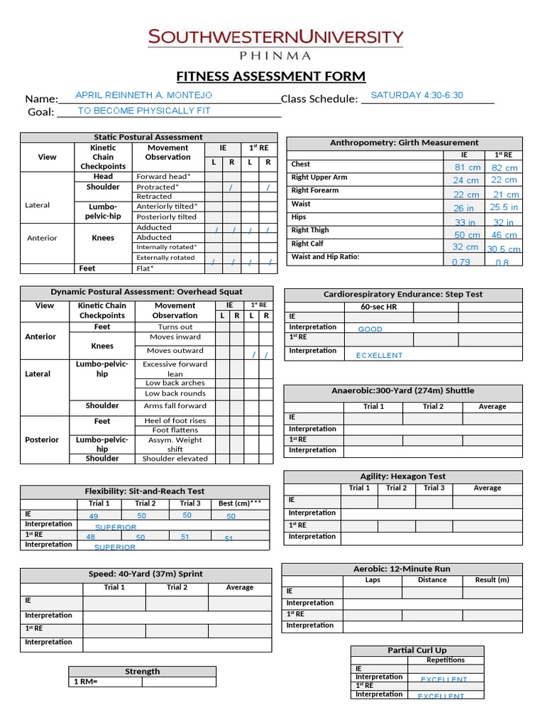 Fitness Assessment Form: Name: Class Schedule: Goal | PDF | Anatomical ...