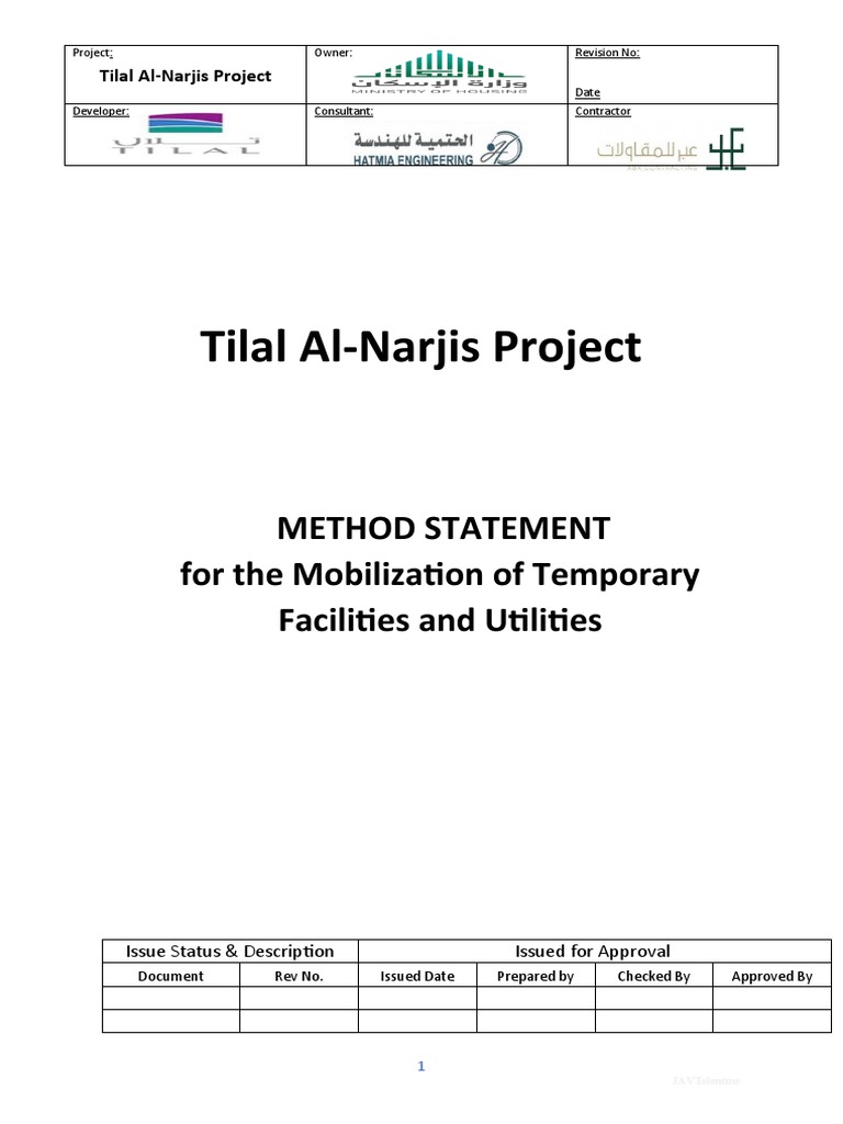 METHOD STATEMENT For Mobilization of Temporary Facilities and Utilities | Download Free PDF ...