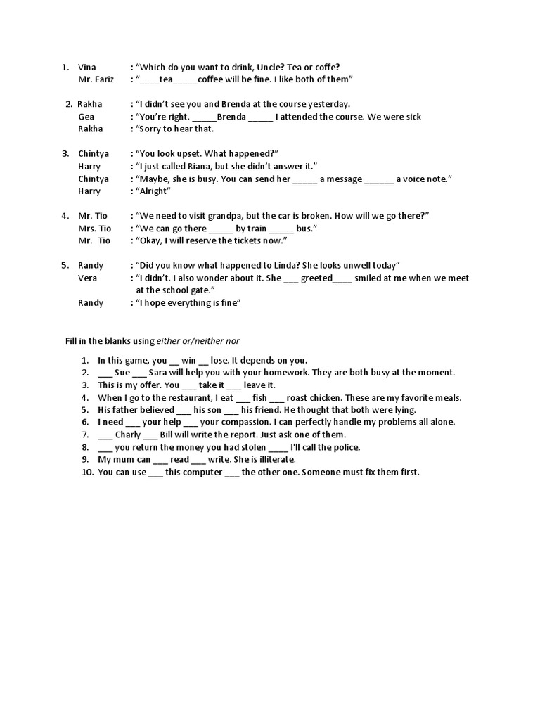 Either or Neither Nor Worksheet | PDF