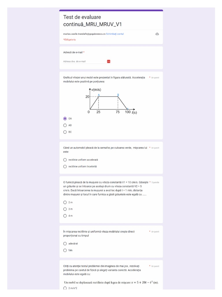 Test de Evaluare - MRU - MRUV - V1 PDF | PDF