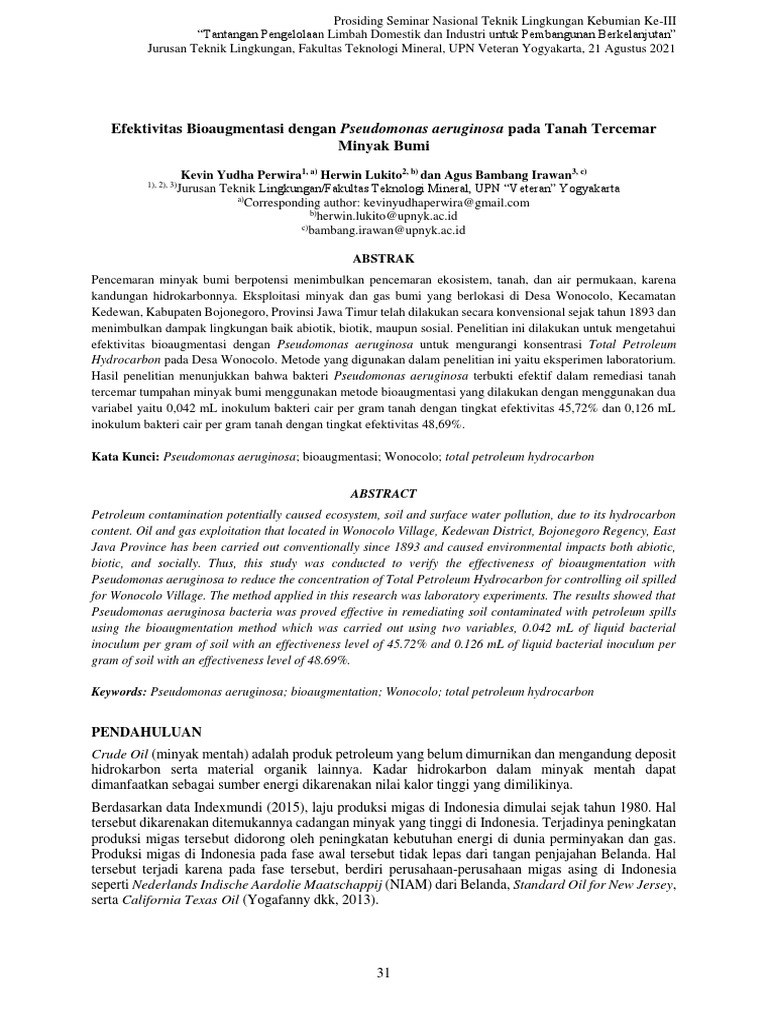 Efektivitas Bioaugmentasi Dengan Pseudomonas Aeruginosa Pada Tanah ...