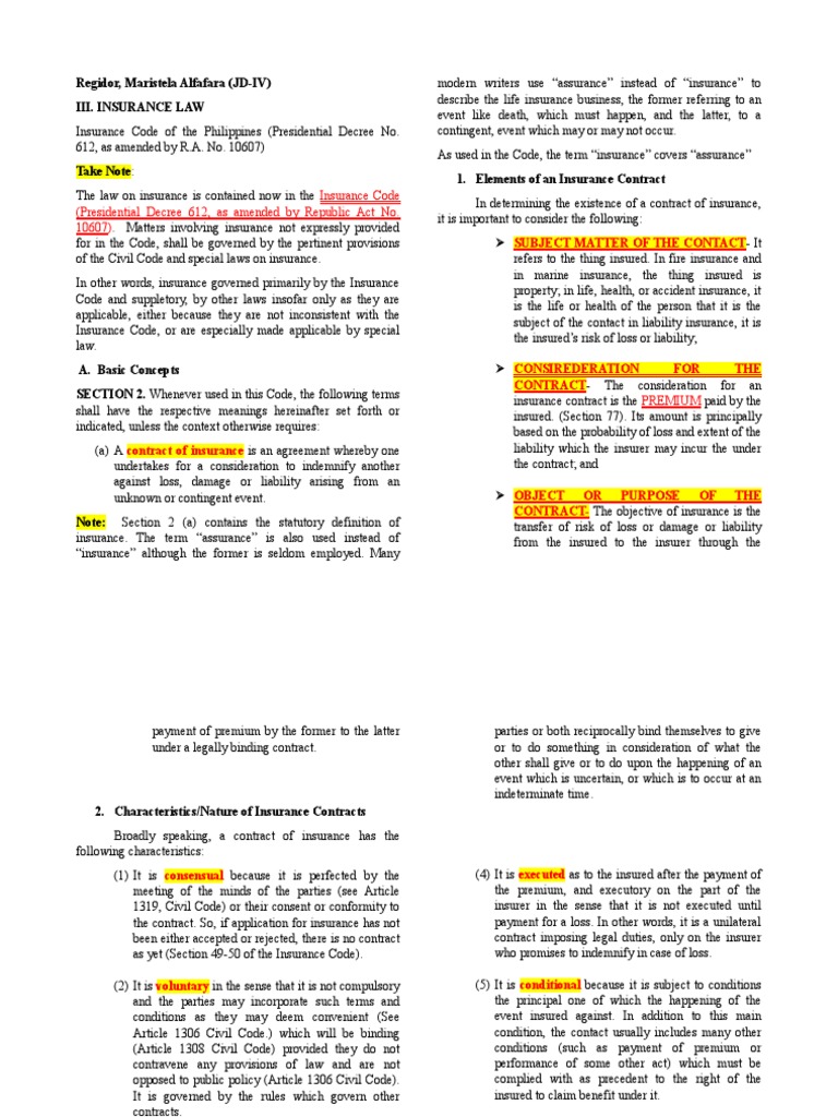 Analysis of the Key Elements and Parties of an Insurance Contract | PDF ...