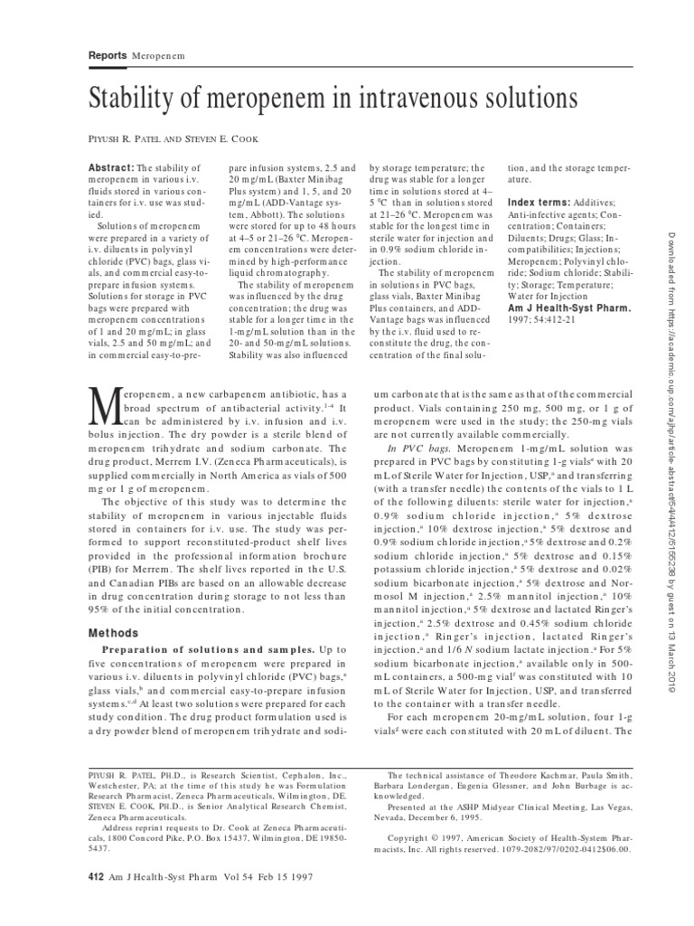 Stability of Meropenem in Intravenous Solution (Patel, 1997) | PDF ...