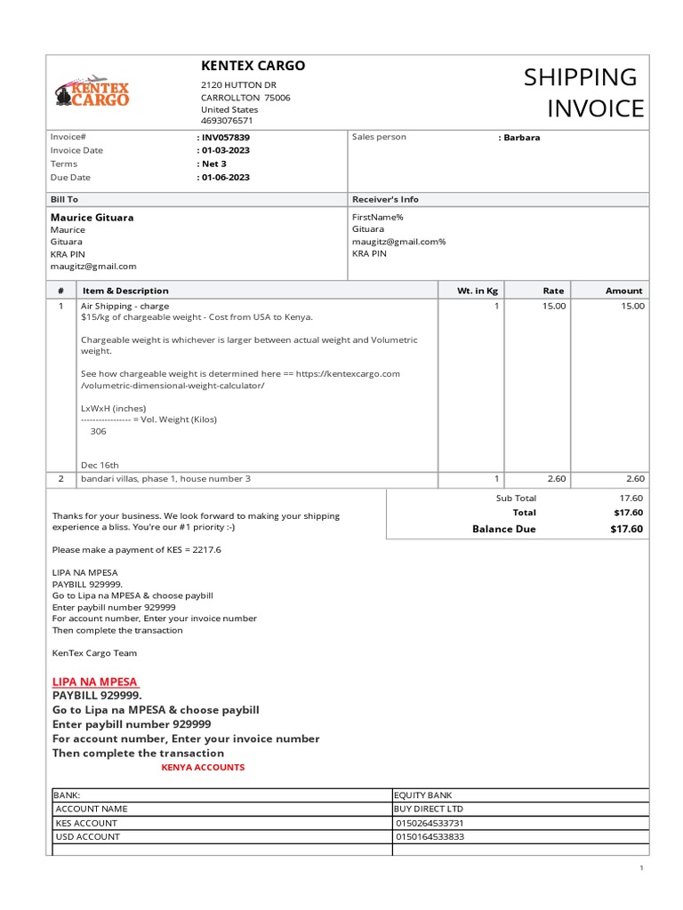 Shipping Invoice: Kentex Cargo | PDF