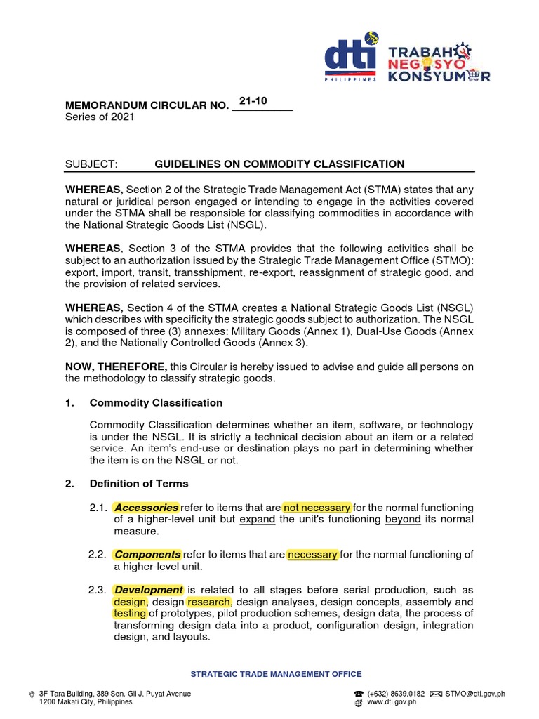 DTI Memorandum Circular No. 21-10 - Commodity Classification | PDF