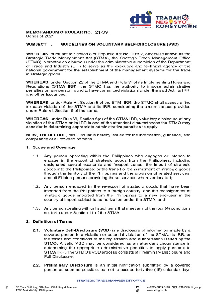 DTI Memorandum Circular No. 21-39 - Disclosure | PDF | Discovery (Law ...