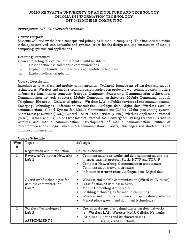 DIT 0411 Mobile Computing Outline - Jan 2023 | PDF | Computer Network | Telecommunications