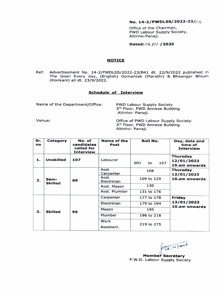 Interview Notice PWD Labour Supply Society | PDF