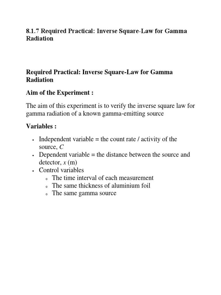 Inverse Square Law For Gamma Radiation | PDF | Gamma Ray | Radioactive ...