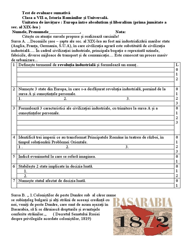 Test de Evaluare Clasa 7 | PDF