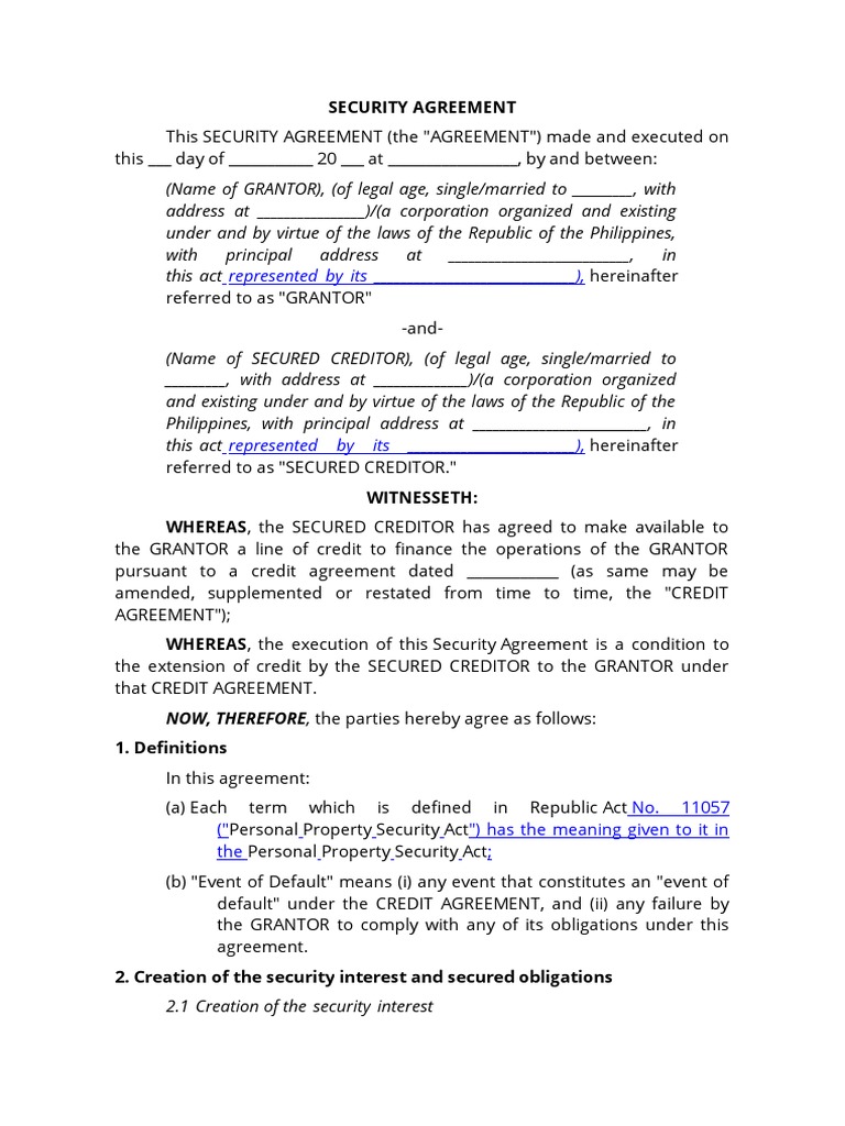 Model Security Agreement Covering All Assets of The GRANTOR | PDF ...