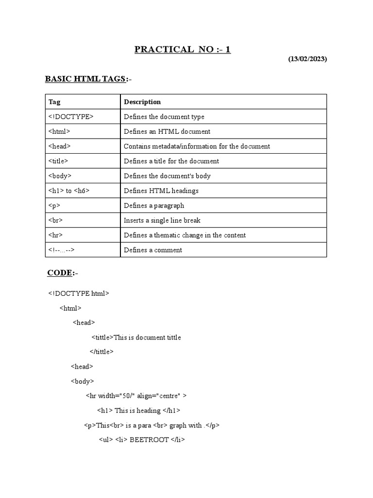 Practical No - 1 Basic HTML Tags | PDF