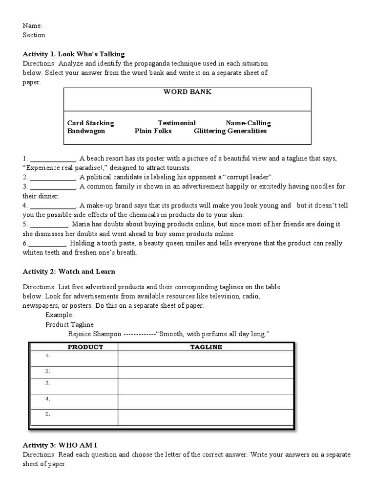 Analyzing Propaganda Techniques Worksheet | PDF | Propaganda | Advertising