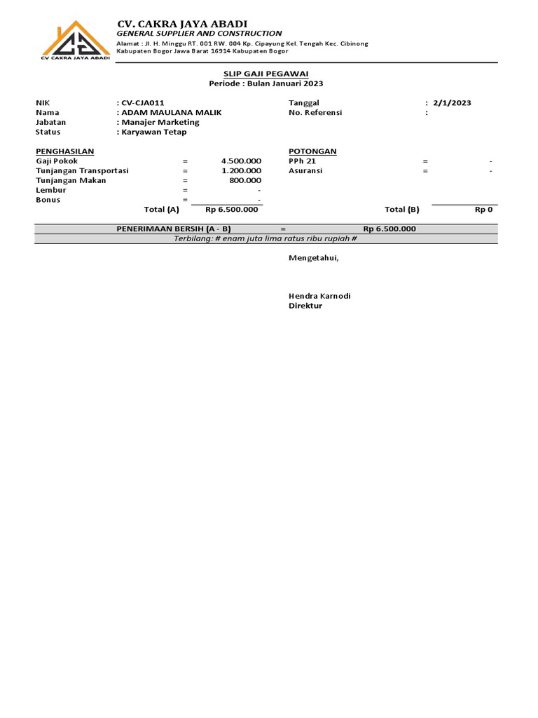 Slip Gaji Karyawan CV Cakra Jaya Abadi | PDF