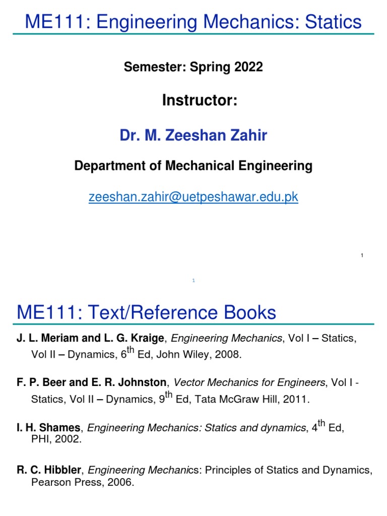 ME111: Engineering Mechanics - Statics Course Syllabus | PDF | Force | Euclidean Vector