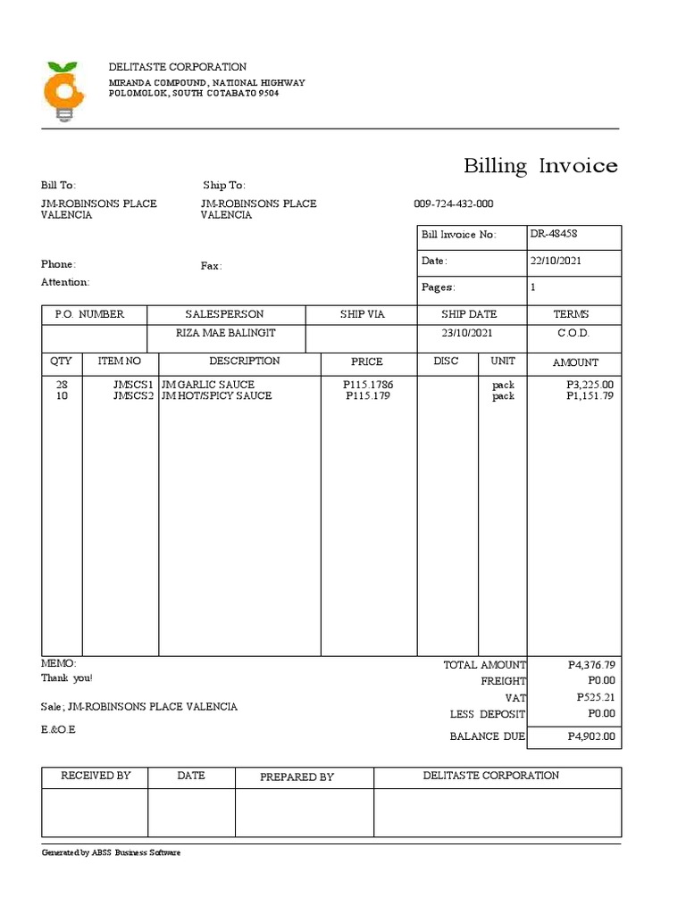 Billing Invoice: Miranda Compound, National Highway Polomolok, South ...